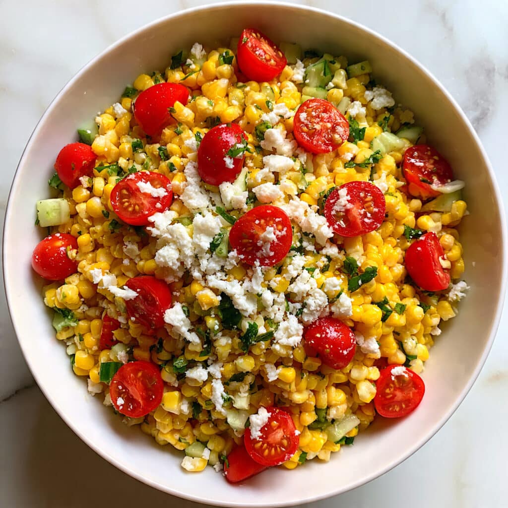 Summer Corn Salad with Tomatoes, Cucumbers & Lime Dressing